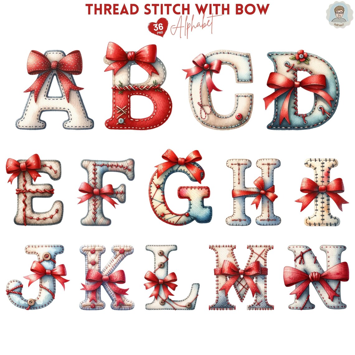 Stitch Alphabet With Red Bow Clipart, Embroidered Alphabet Bundle ...