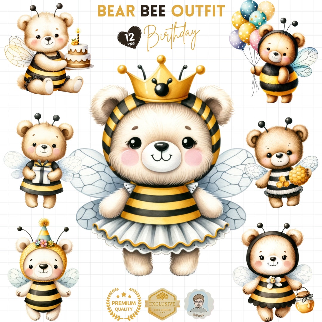 Cute Bear With Bee Costume Clipart, Birthday Decoration Illustration, , Birthday Bear, Kids ...
