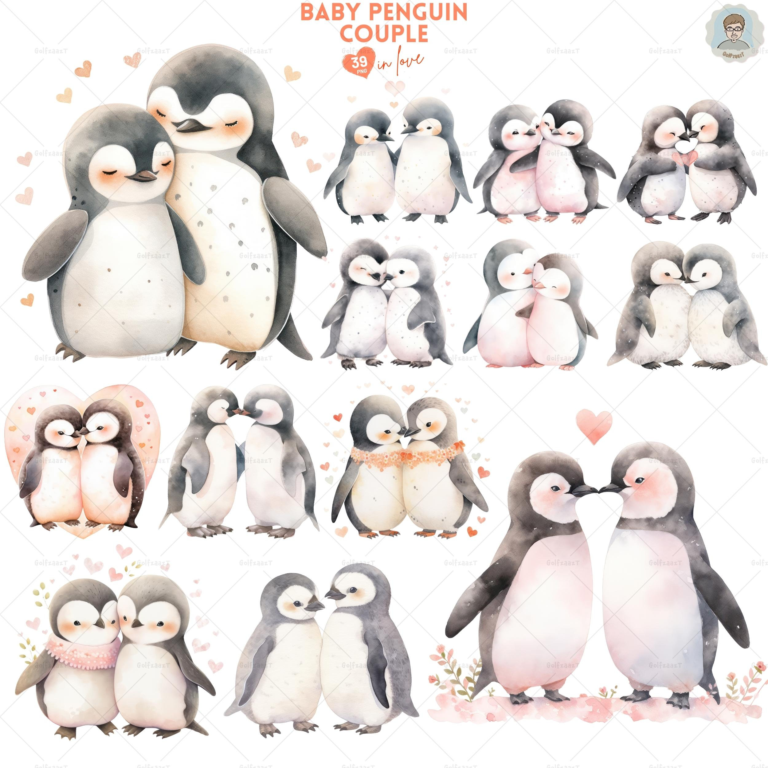 Watercolor Penguin Couple, Baby Penguins Clipart, Romantic Animal ...