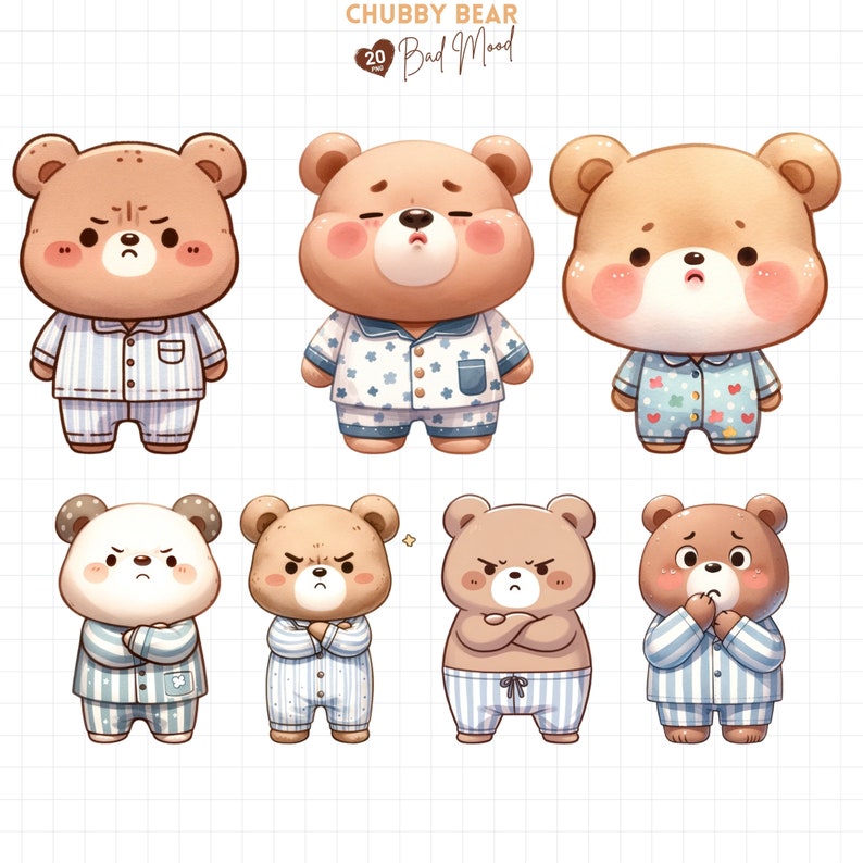 Cozy Pajama Bear Collection, Sleepy and Bad Mood Bears, Gift for ...