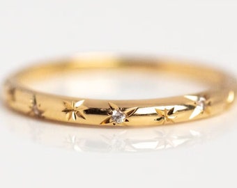 10K Solid Gold Diamond Starburst Wedding Band , Eternity Diamond Band ...