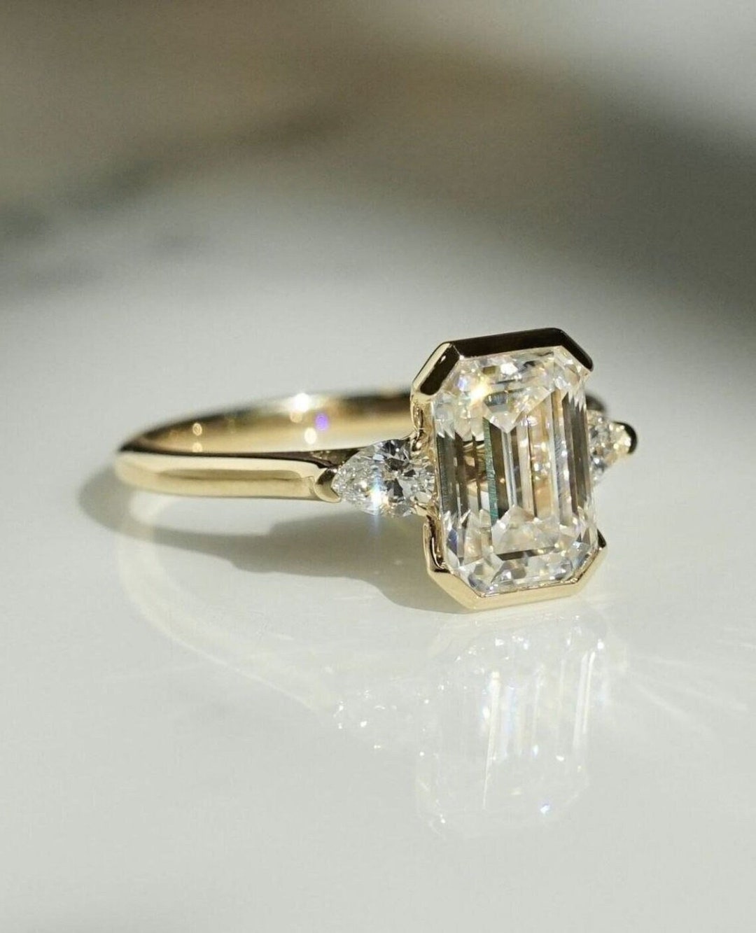 Three Stone Emerald Cut Moissanite Engagement Ring, Side Pear ...