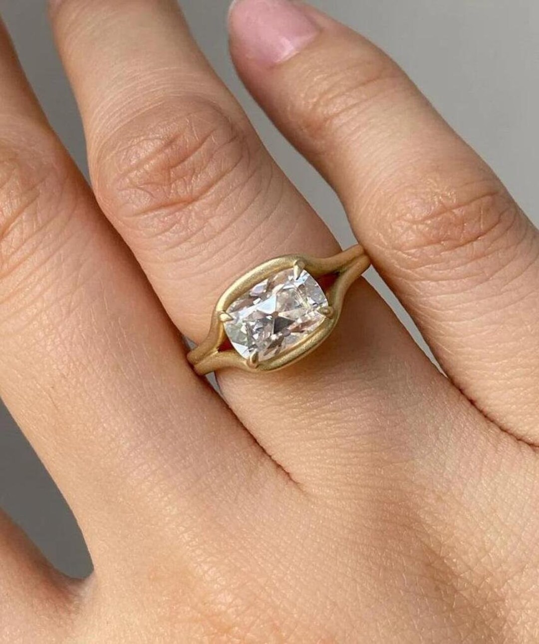 East West Elongated Cushion Cut Moissanite Solitaire Ring, 14K Solid ...