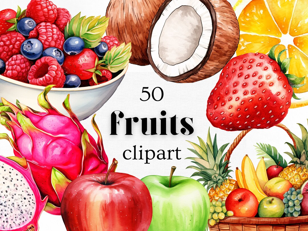50 Fruits Watercolor Clipart Bundle | High-resolution Images | Instant ...