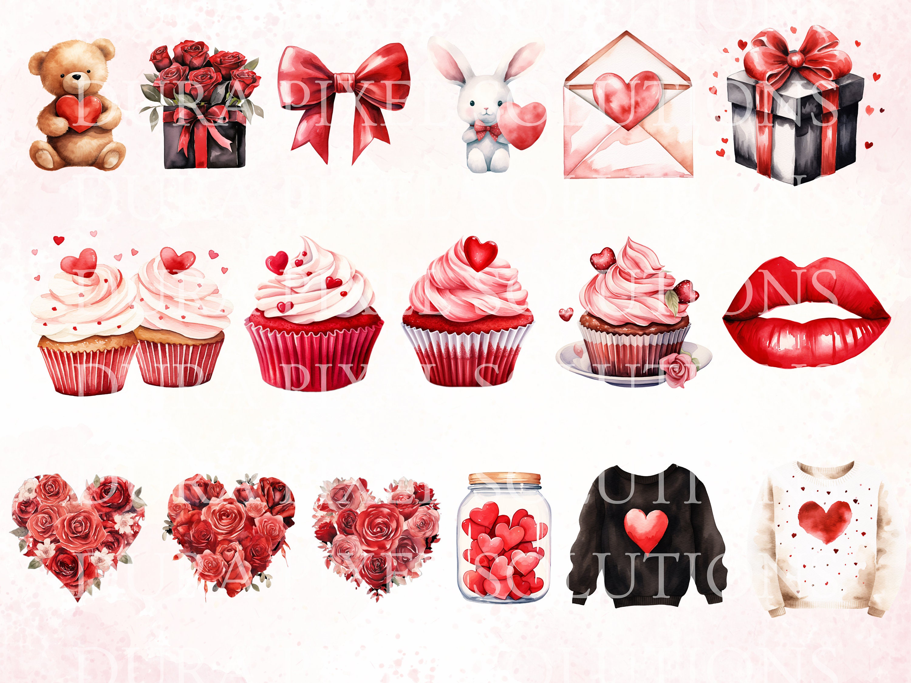 40 Valentine's Galentine's Day Pink and Red Watercolor Clipart Bundle ...