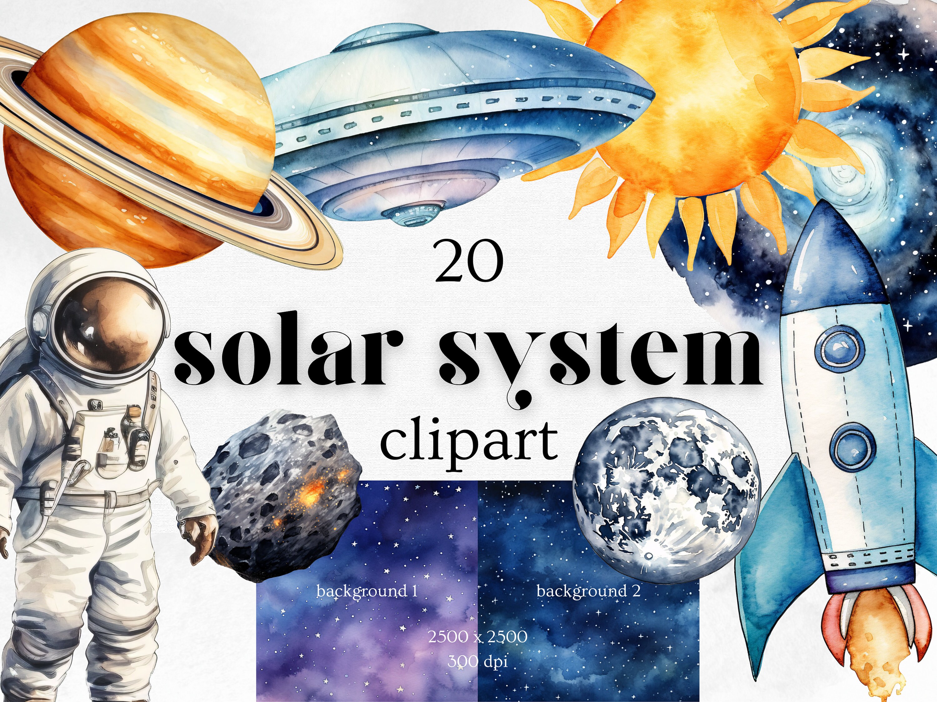20 Space Solar System Watercolor Clipart Bundle | High-resolution ...