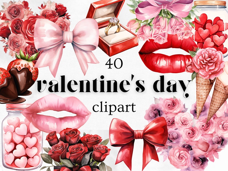 40 Valentine's Galentine's Day Pink and Red Watercolor Clipart Bundle ...