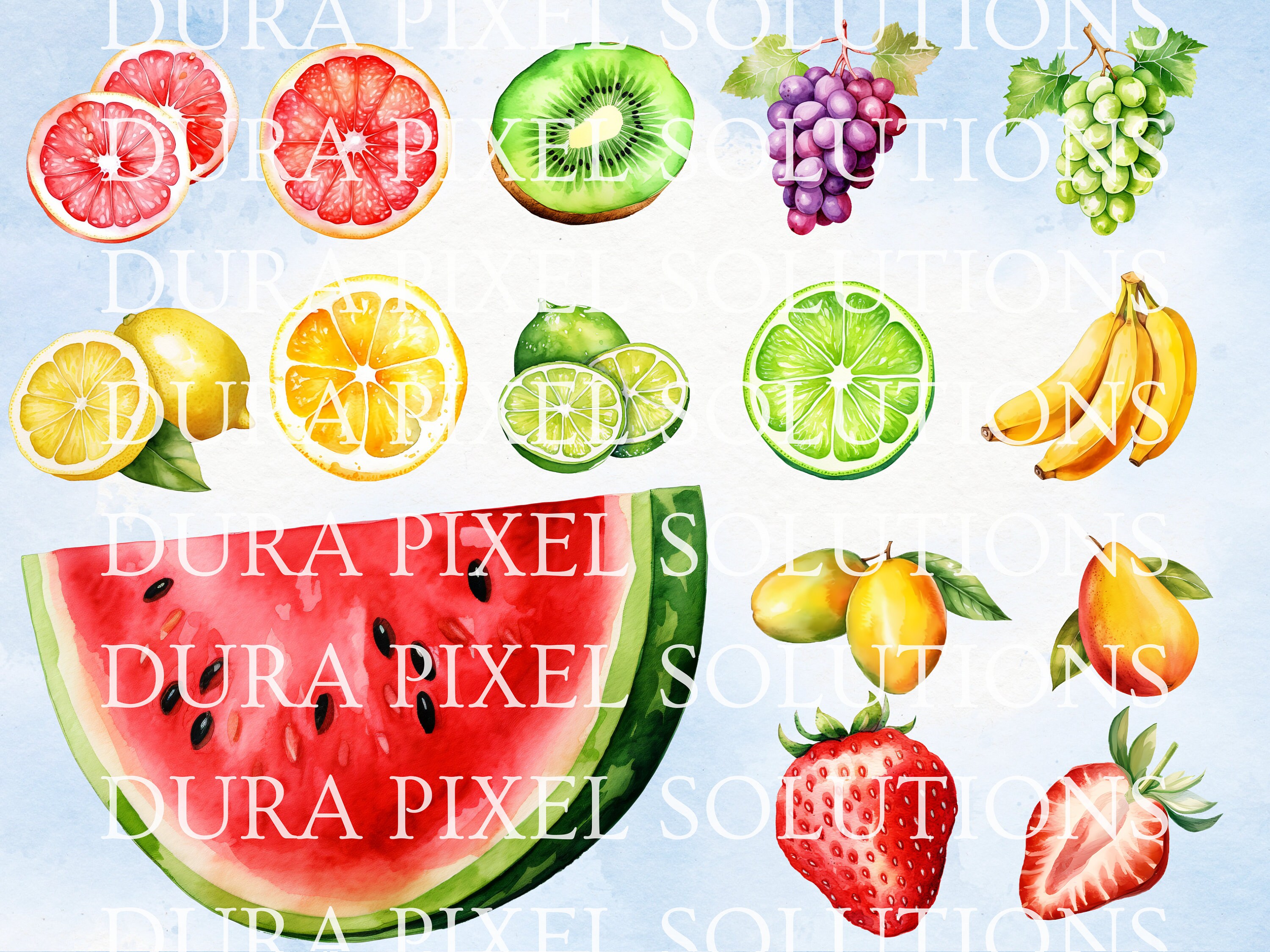 50 Fruits Watercolor Clipart Bundle High-resolution Images Instant ...
