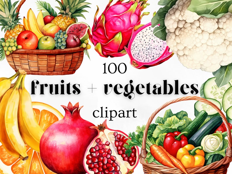 100 Fruits and Vegetables Watercolor Clipart Bundle High-resolution ...