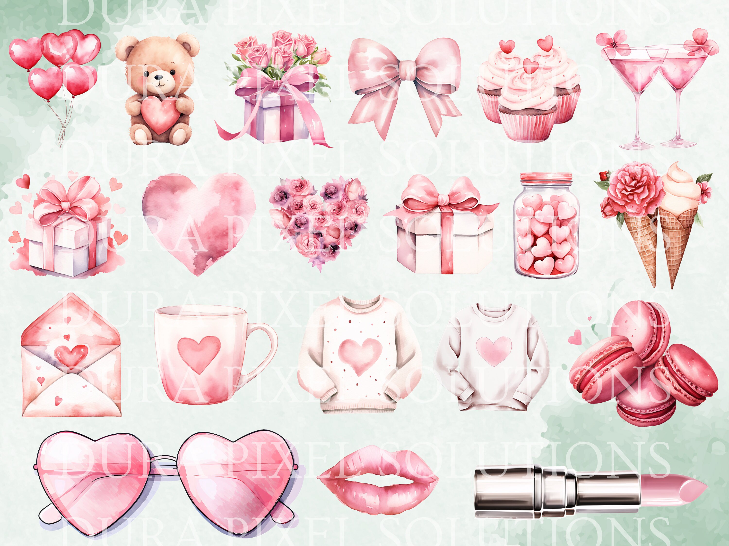 40 Valentine's Galentine's Day Pink and Red Watercolor Clipart Bundle ...