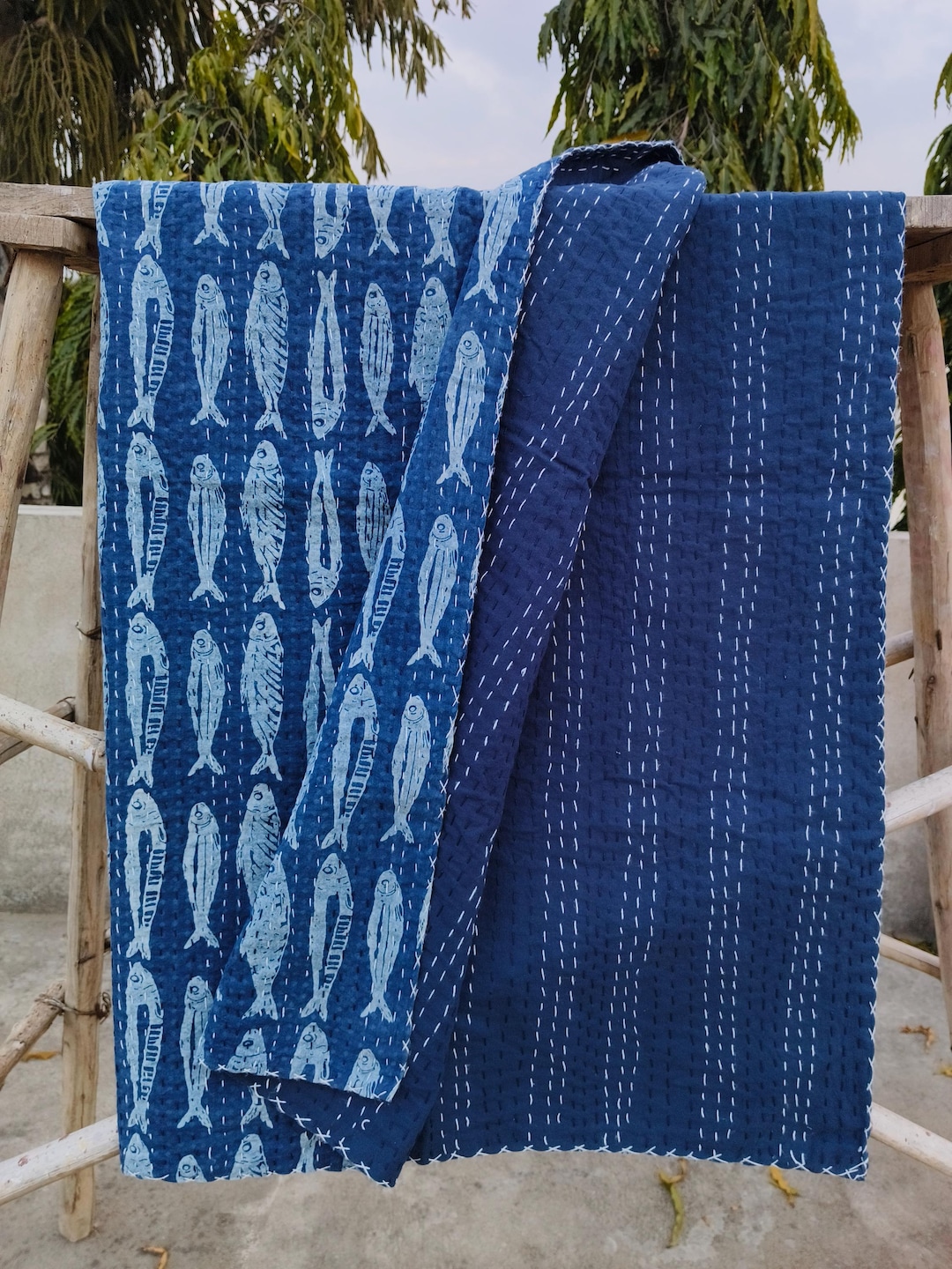 Indigo Blue Fish Hand Block Print Boho Cotton Kantha Quilt, Throw ...