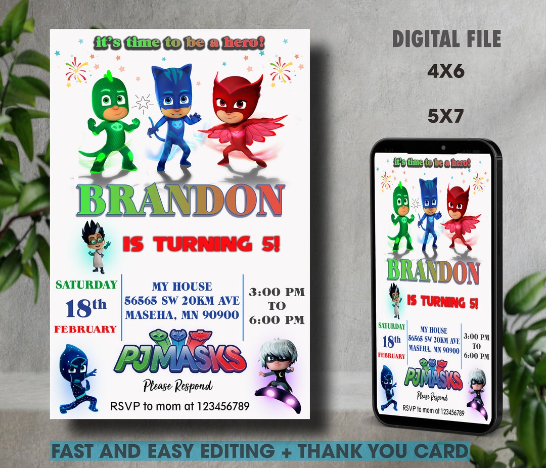 PJ Masks Birthday Invitation, PJ Masks Invitation, PJ Masks Digital ...