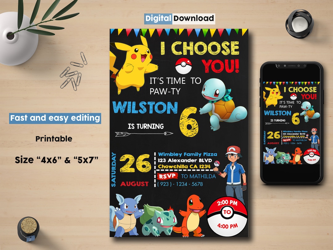 Pokemon Birthday Invitation, Pokemon Theme Invitation, Pikachu ...