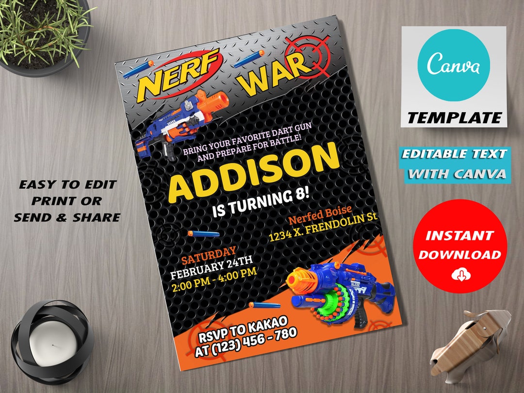 Editable Nerf Birthday Invitation, Digital Nerf Party Invitation, Nerf ...
