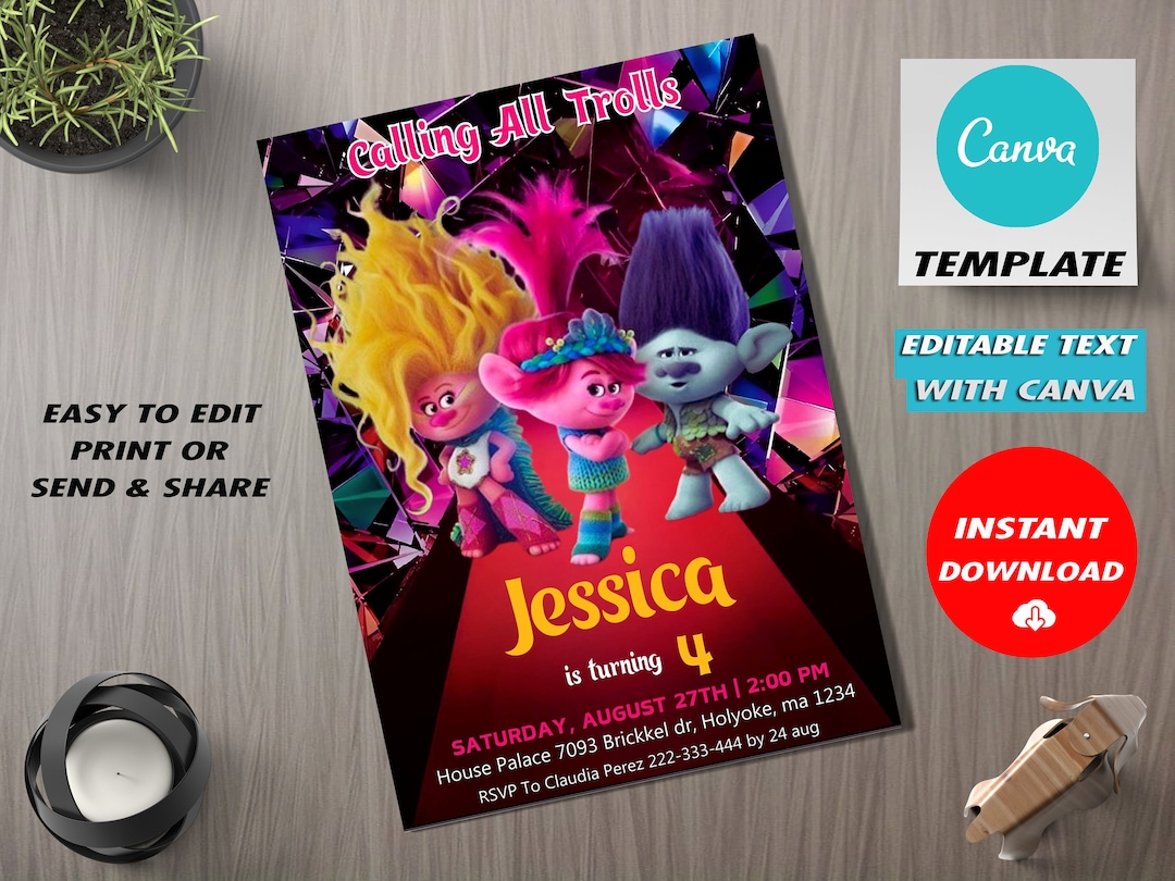 Editable Trolls Birthday Invitation: Poppy Party Template (canva) - Etsy