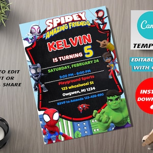 Editable Spidey and His Amazing Friends Birthday Invitation, Spidey and ...