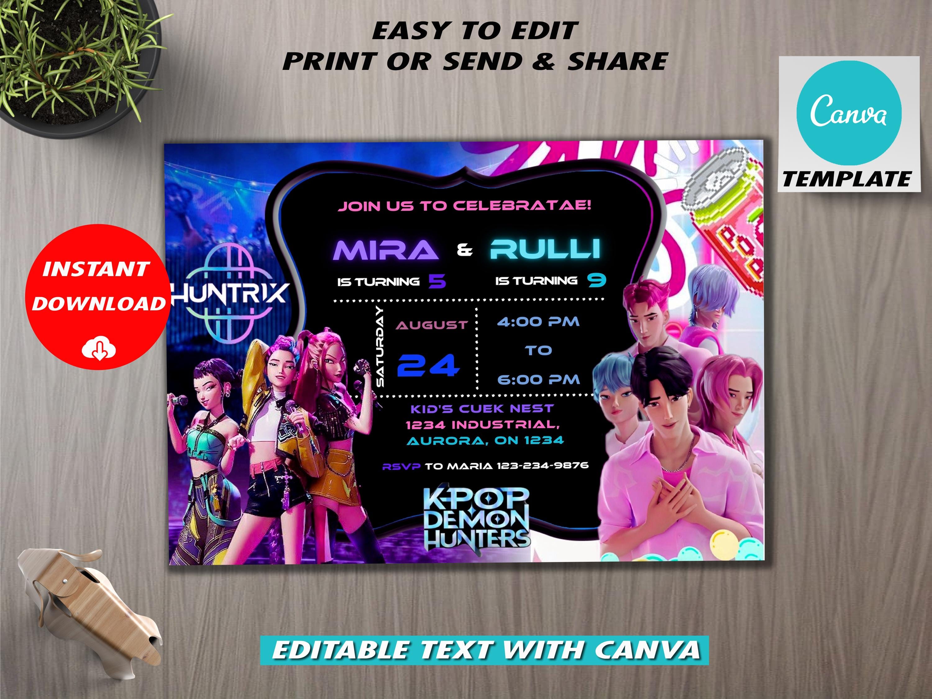 Kpop Demon Hunter Birthday Invitation | Editable Canva Template ...