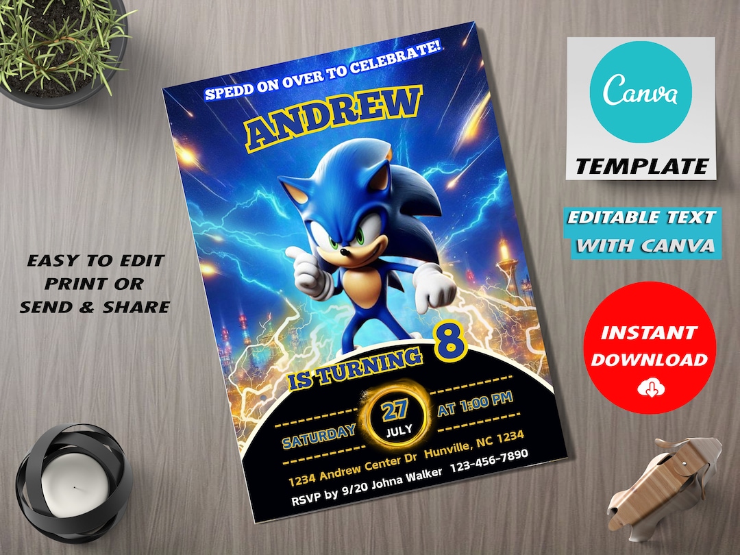 Editable Sonic the Hedgehog Birthday Invitation, Sonic Invitation ...