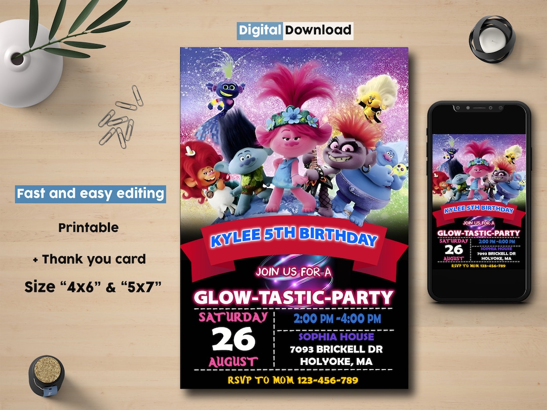 Trolls Birthday Invitation, Trolls Invitation Digital Card, Printable ...