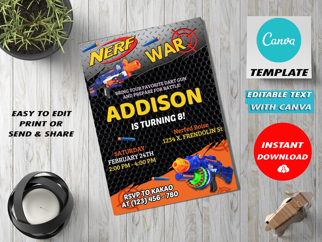 Editable Nerf Birthday Invitation, Digital Nerf Party Invitation, Nerf ...