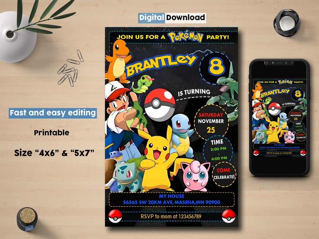 Pokemone Birthday Invitation, Pokemon Theme Invitation, Pikachu ...