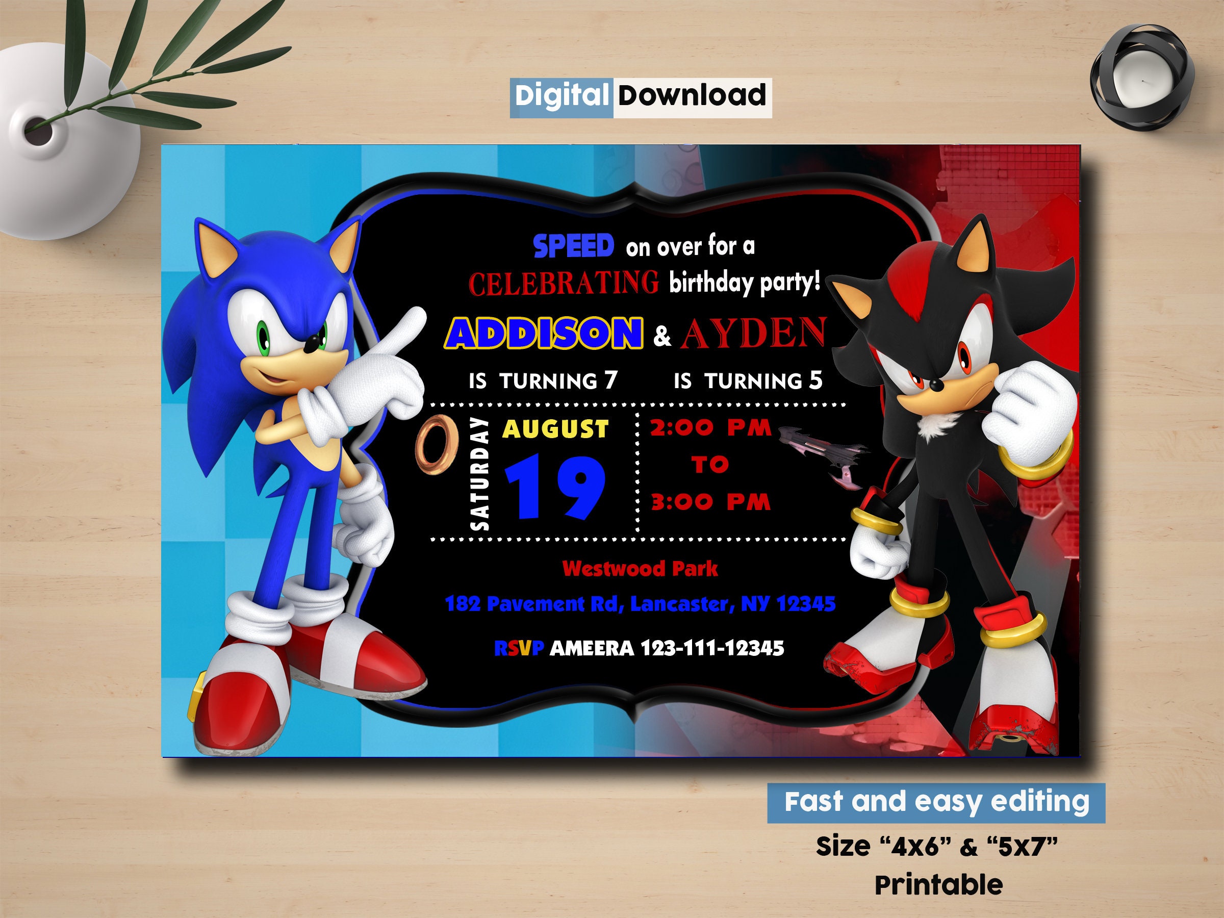 Invitation d'anniversaire Sonic Shadow, Sonic The Hedgehog Kids Party ...
