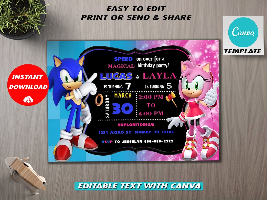 Editable Sonic Amy Rose Birthday Invitation, Double Theme Invitation ...