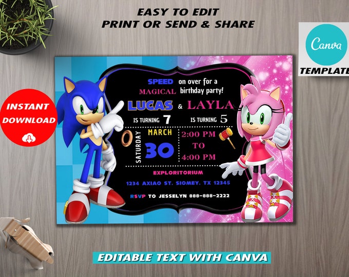 Editable Shadow Knuckles Birthday Invitation, Sonic the Hedgehog Kids ...