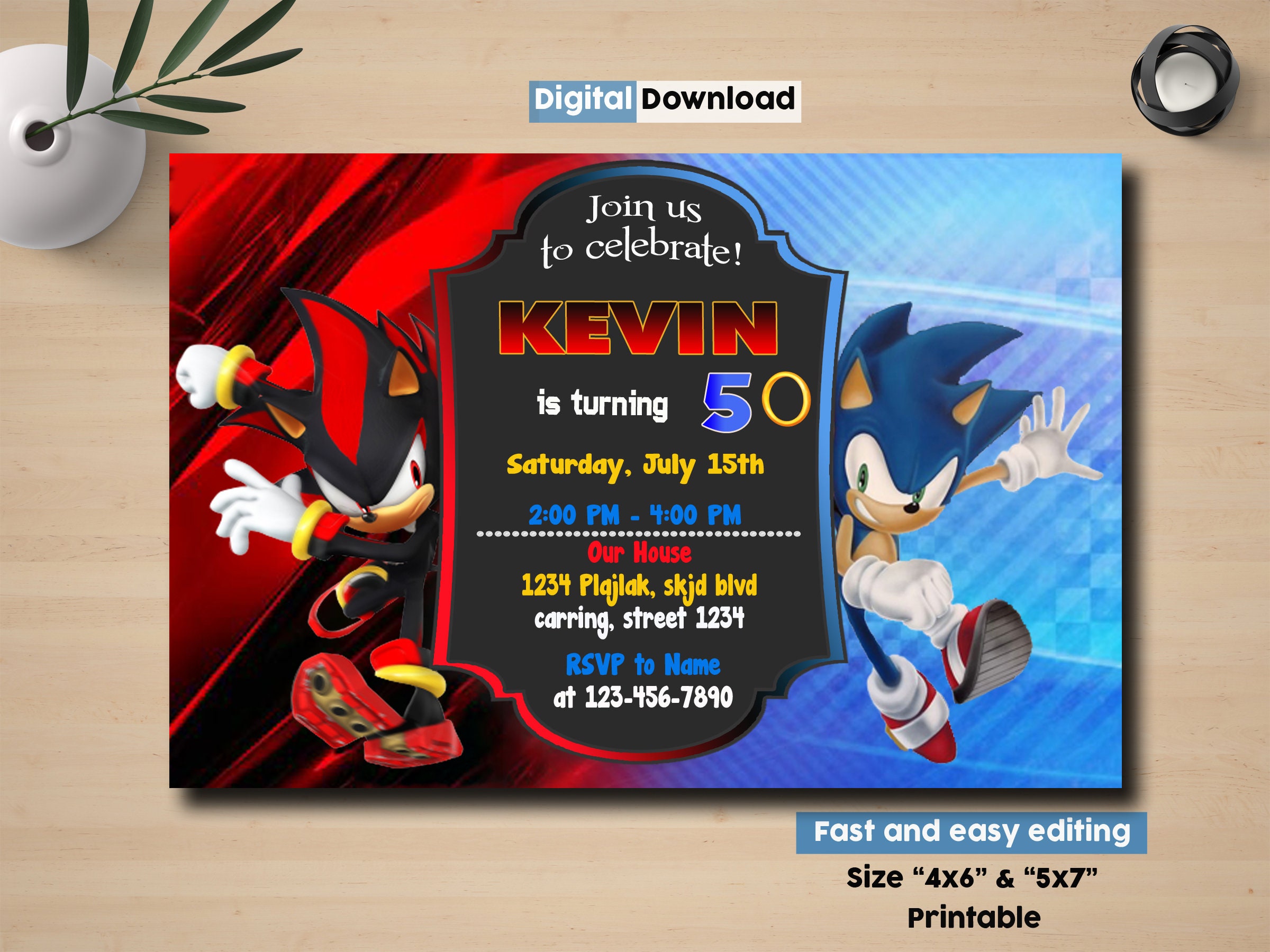Sonic Shadow Birthday Invitation, Sonic the Hedgehog Kids Party Invite ...