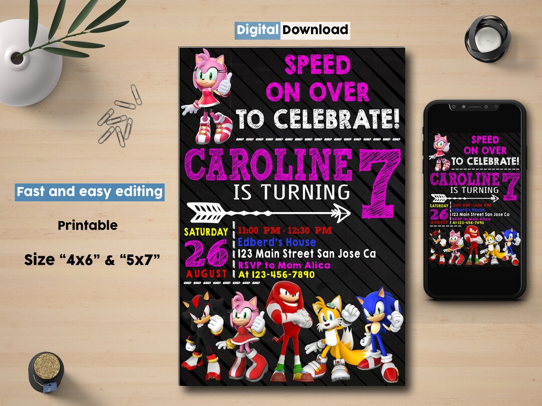 Sonic Amy Rose Birthday Invitation, Sonic Invitation, Sonic Amy Rose ...