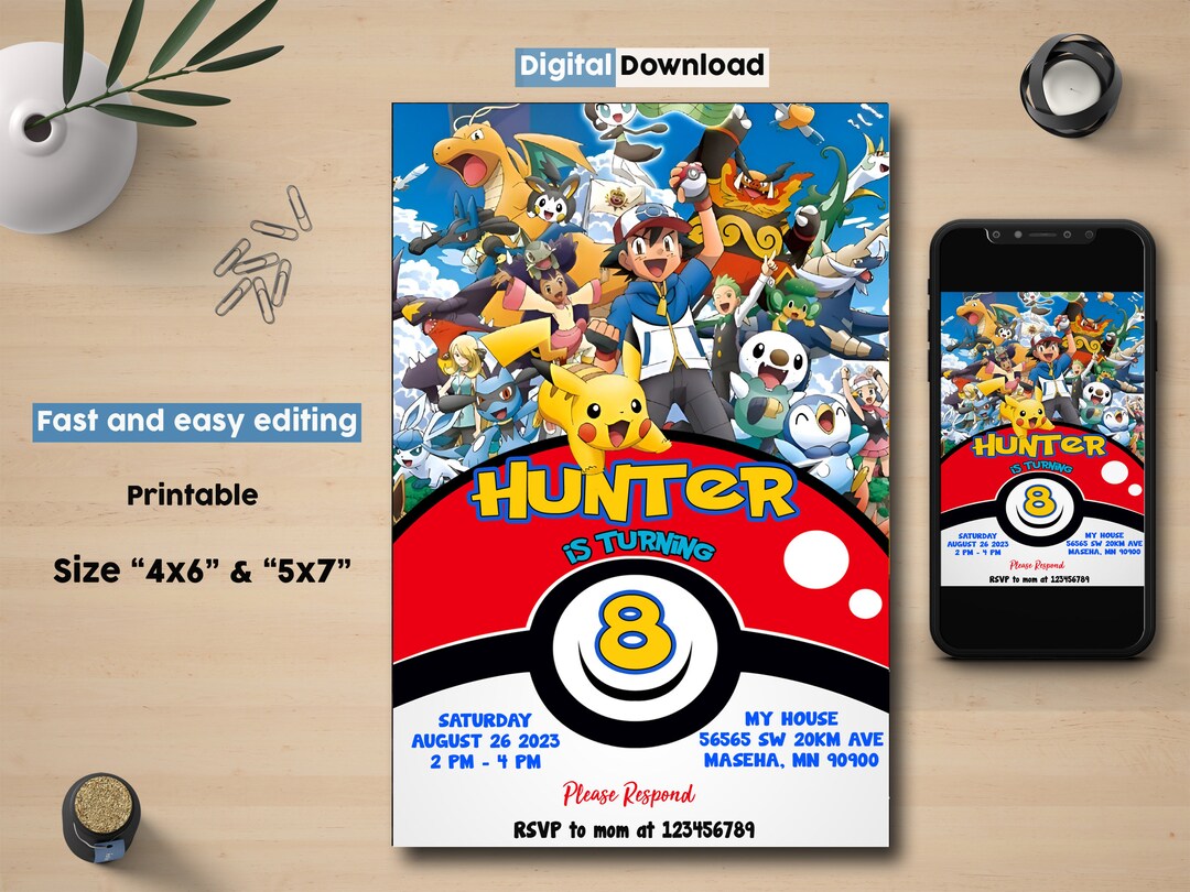 Pokemon Birthday Invitation, Pokemon Theme Invitation, Pikachu ...