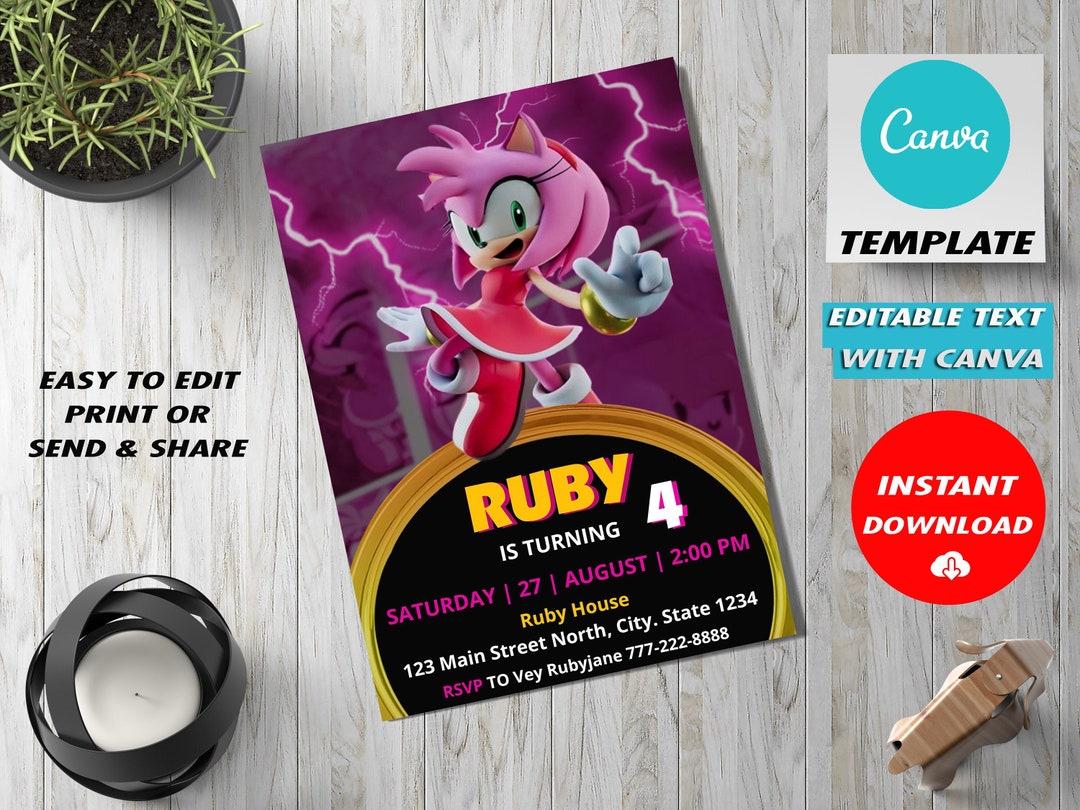 Editable Amy Rose Birthday Invitation Template, Sonic Amy Rose Invitation, Amy Rose Invitation ...