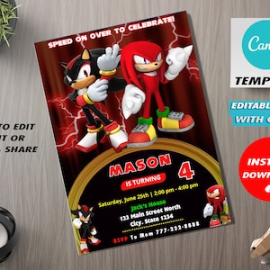 Editable Shadow Knuckles Birthday Invitation, Sonic the Hedgehog Kids ...