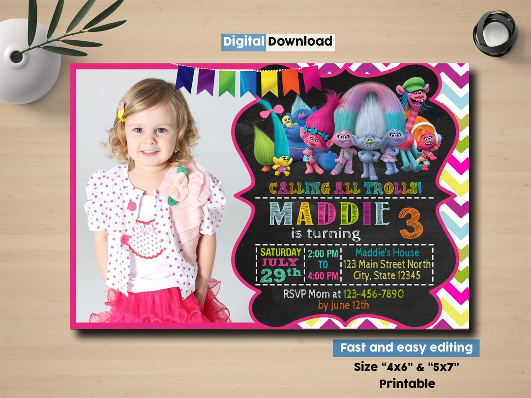 Trolls Birthday Invitation, Trolls Invitation Digital Card, Printable ...