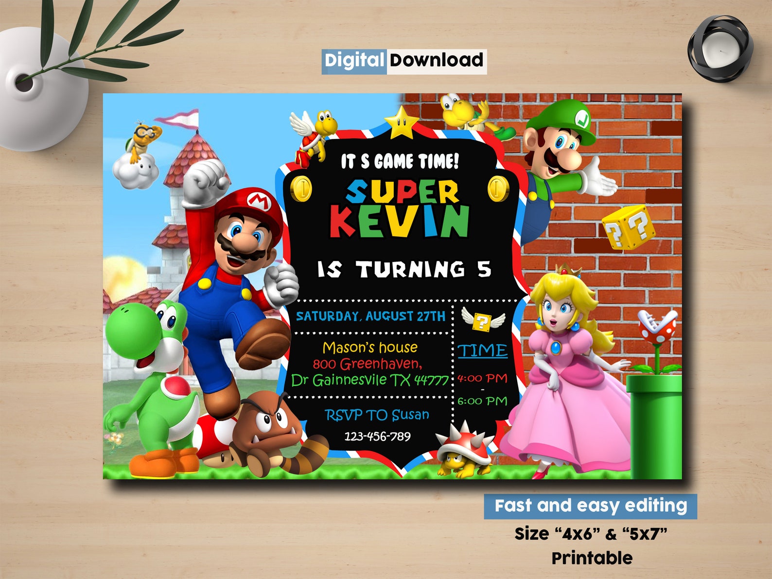 Super Mario Birthday Invitation, Digital Card Printable Invite, Mario ...