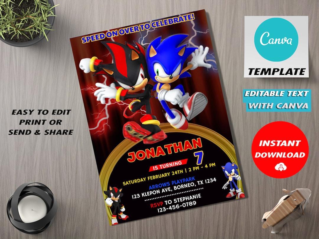 Sonic & Shadow Birthday Invitation: Editable Kids Party Invite (digital ...