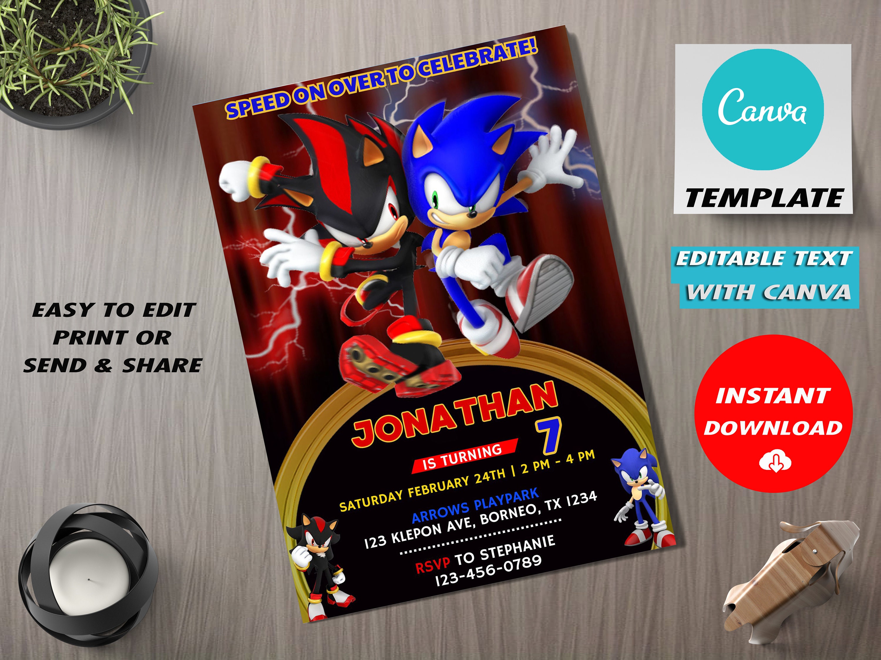 Convite de aniversário do Sonic & Shadow: convite editável para festa ...