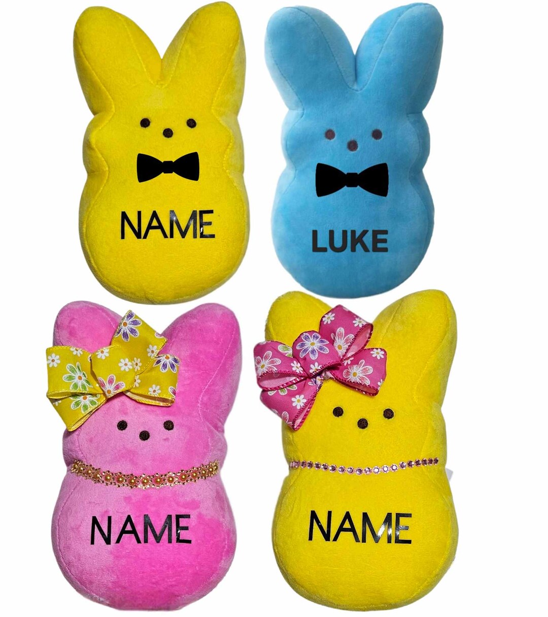 10 Inch Custom Easter Peep Bunny Plushies With Names, Bows, Necklace ...
