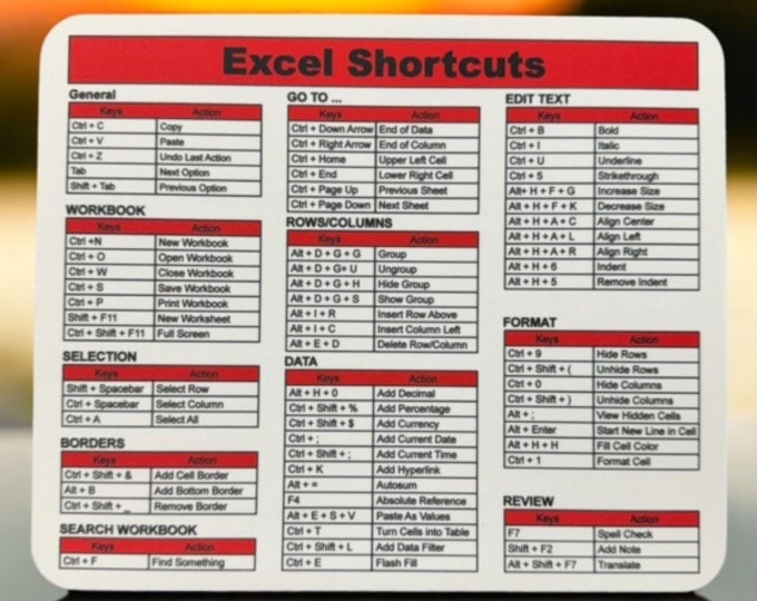 Excel Shortcuts Mouse Pad PC - Etsy