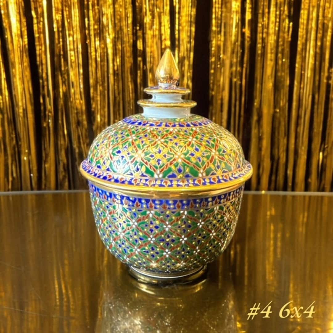 Vintage Decorative Thailand Benjarong Thai Porcelain Pots, Gold Lidded ...