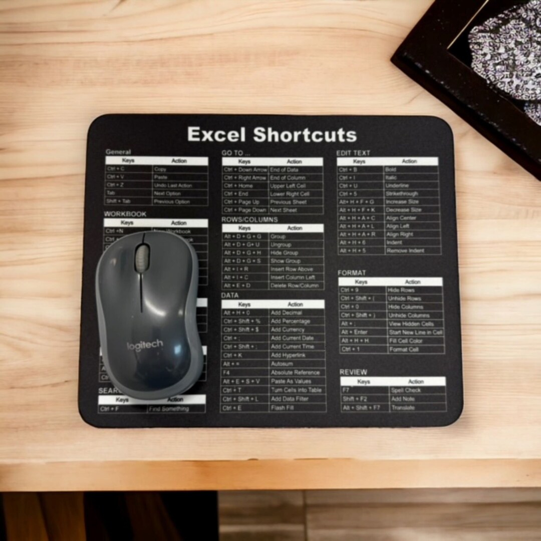 Black Excel Shortcuts Mouse Pad -desk Accessories, Desk Accessories ...