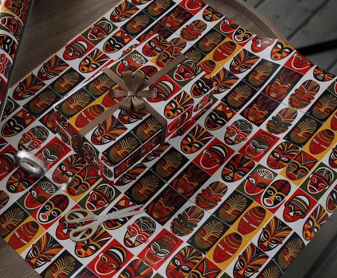 African Mask Gift Wrap - Ethnic Wrapping Paper Afrocentric Art Cultural ...