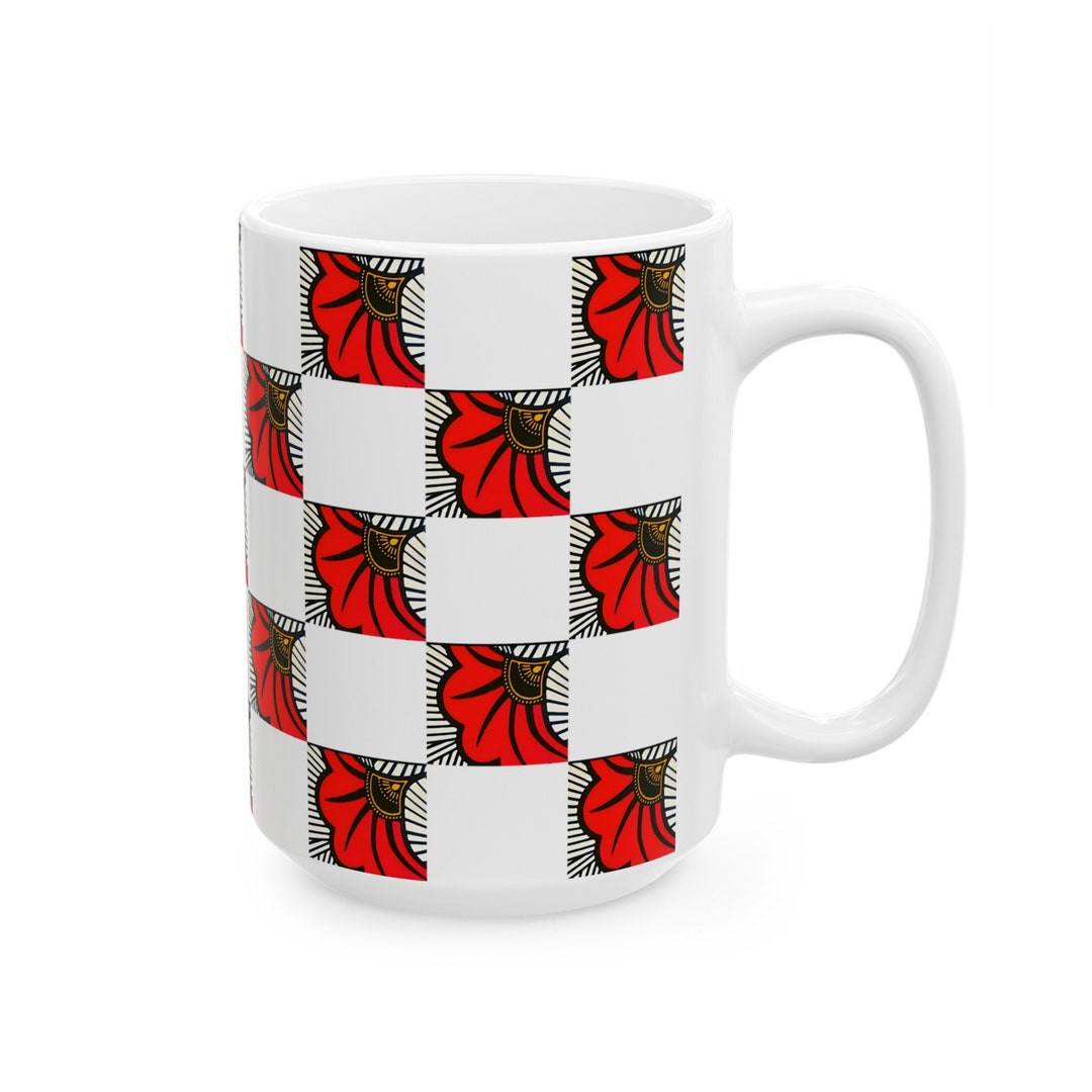 African Print Ceramic Mug Ankara Coffee Drinking Tea Cup Red White ...