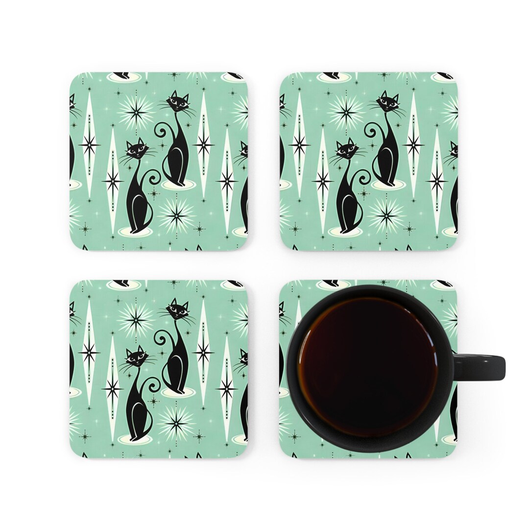 Atomic Cat Coasters Retro Corkwood Counter Top Trivet MCM Vintage Black ...