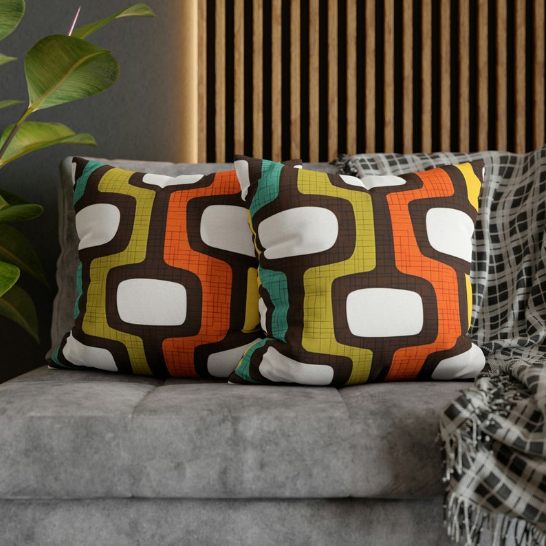1960s Retro Pillow Cover Atomic Abstract Pillowcase Orange Mustard Mid ...