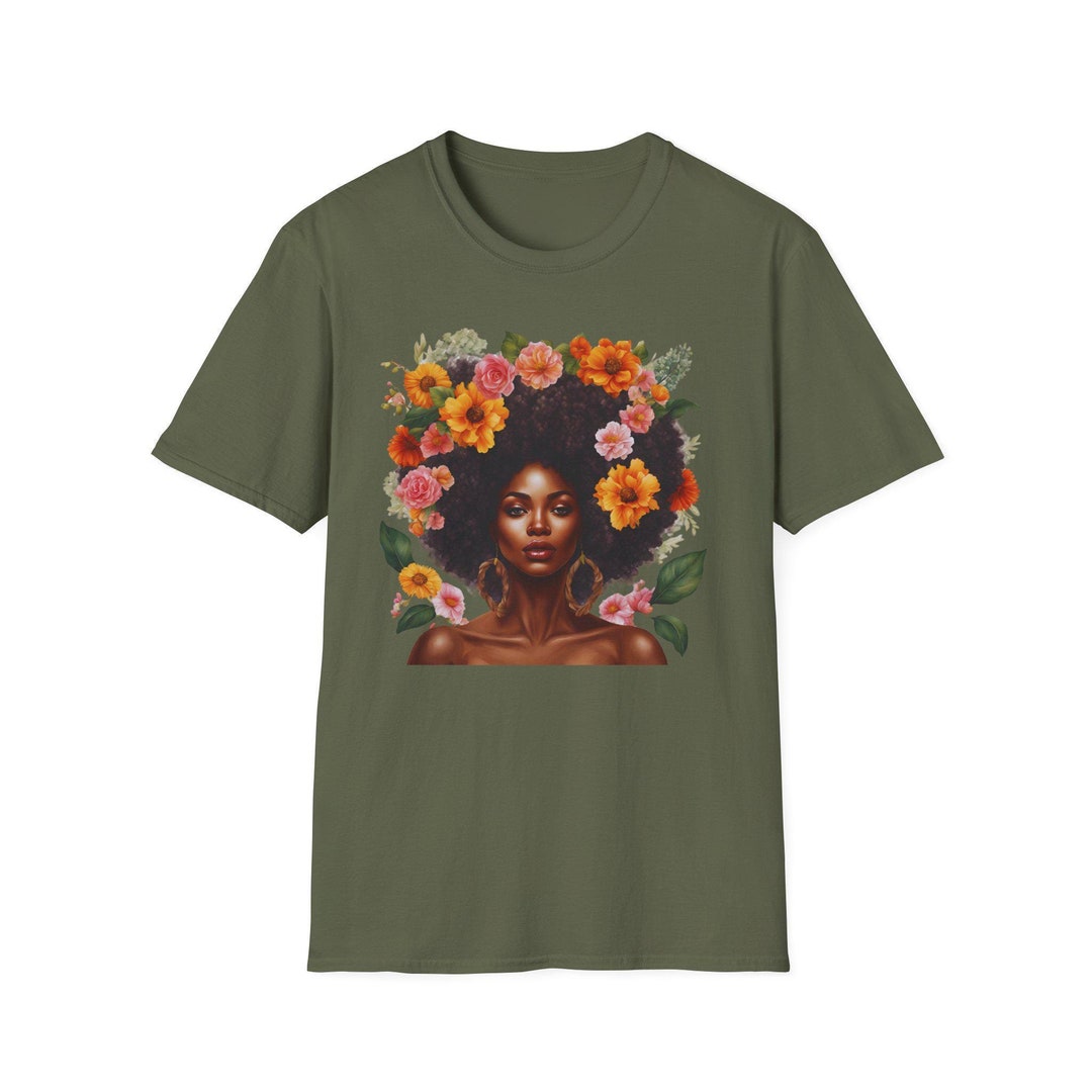 Black Girl Afro Floral Hair T-shirt Melanin Woman Clothing African ...