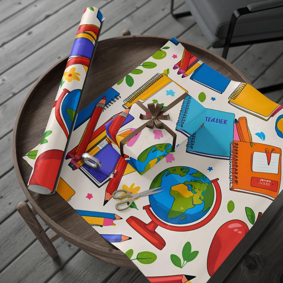 School Supply Print Wrapping Paper Roll Back to School Gift Wrap Sheet ...