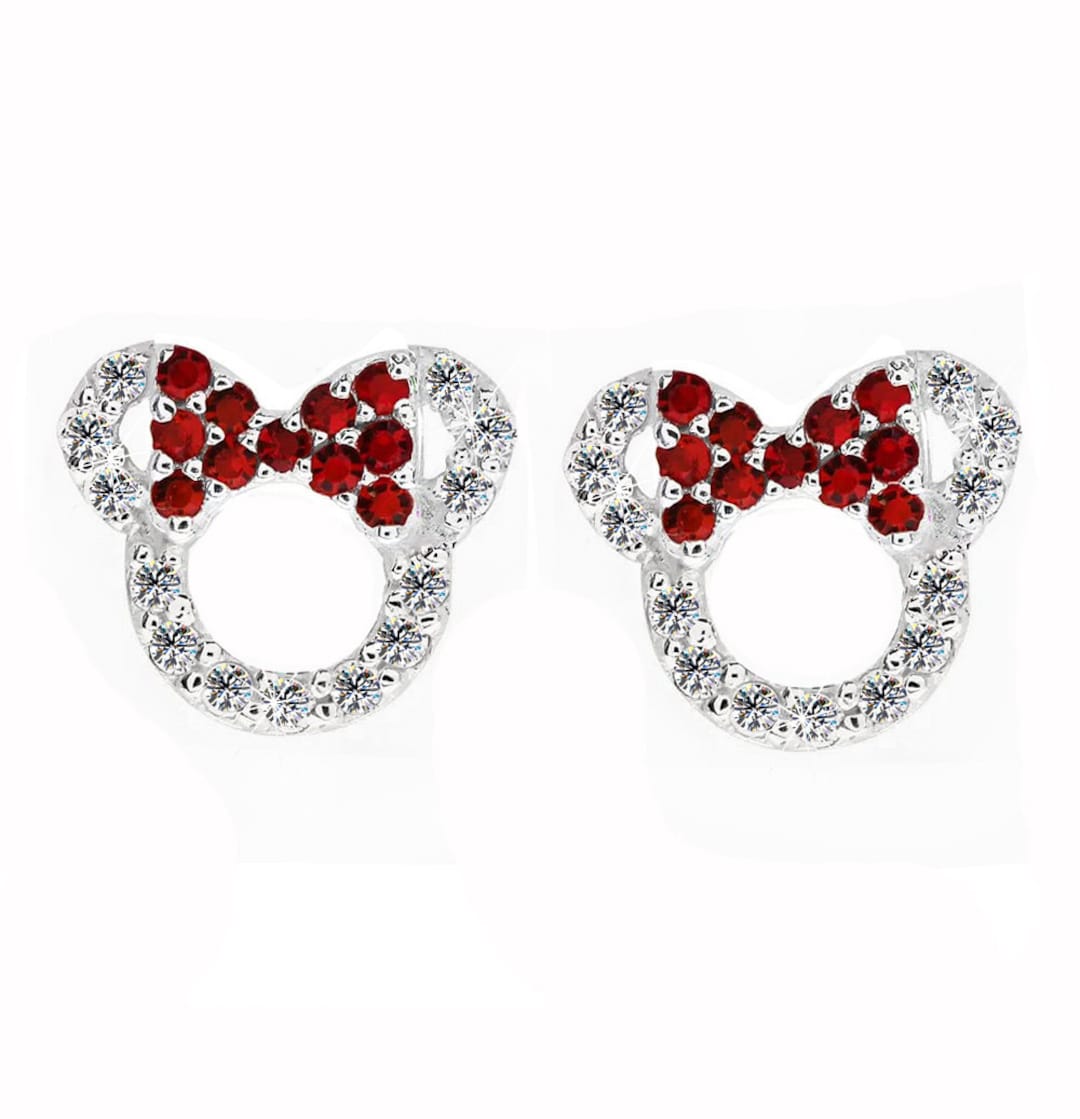 Minnie Mouse Earring , Cute Earring Stud, Sterling Silver Red Zirconia ...