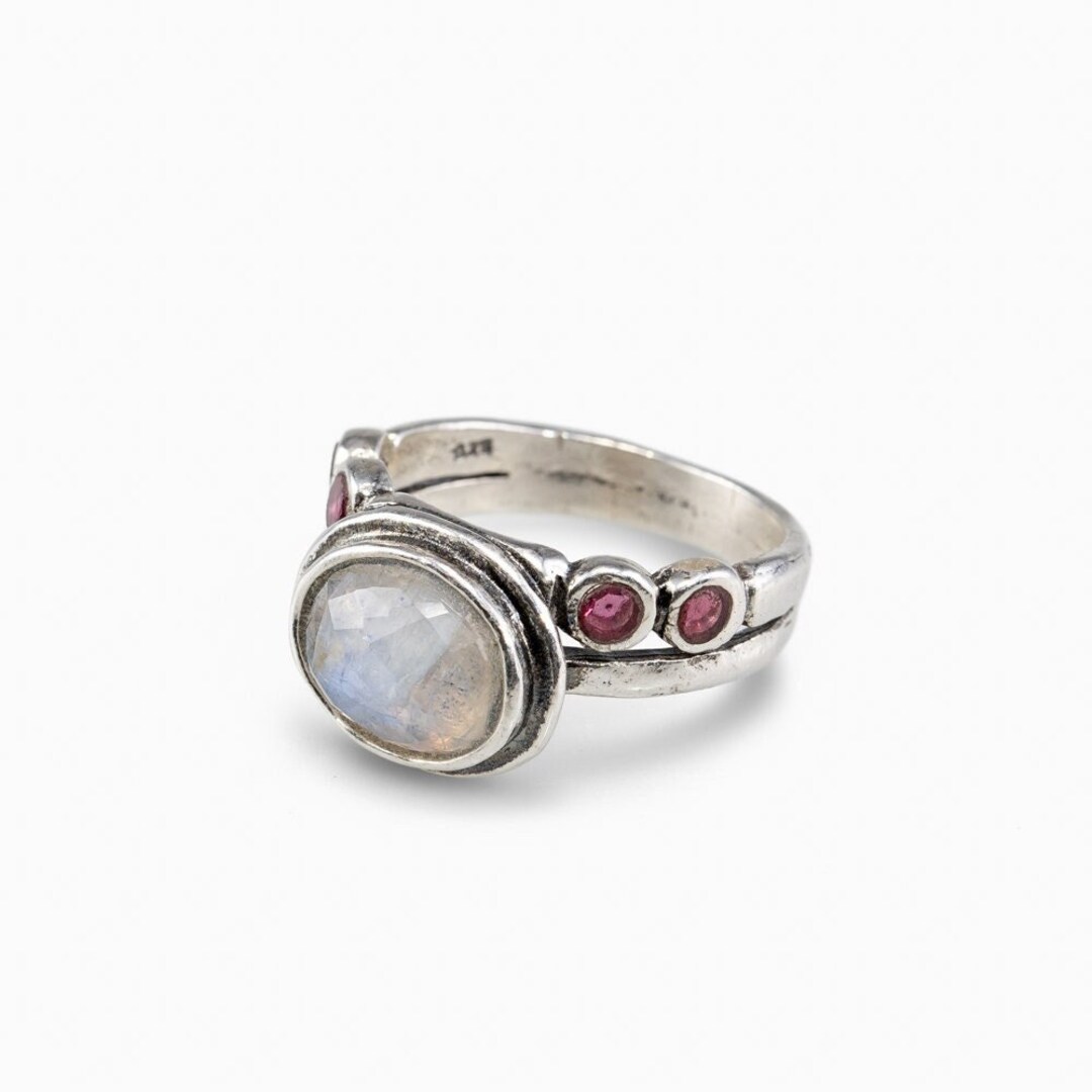 January Birthstone, Bohemian Moonstone and Garnet Ring, Sterling Silver ...