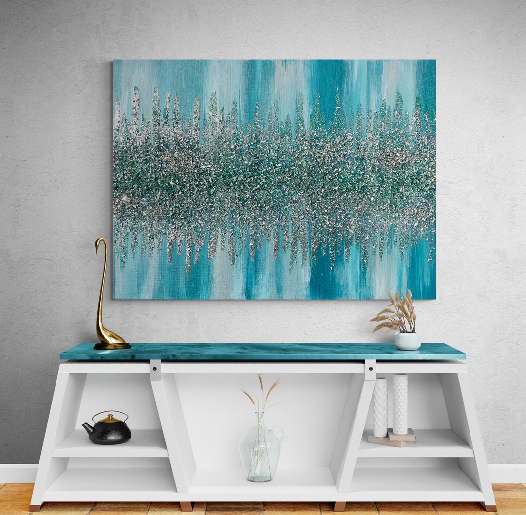 Teal and Silver Glitter Glass Painting, Teal Glass Painting, Teal Glam ...